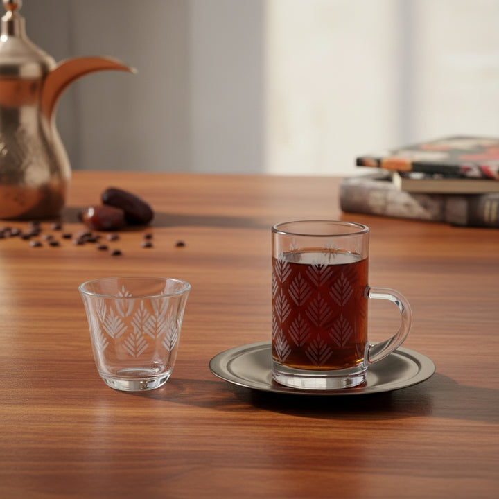 MA1007 Meera Glass Tea & Cawa Cup Set – 18 Pieces Leaf Motif Cups with ...