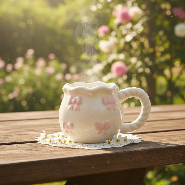 2936-20 Ceramic Mug – Cream Finish with Pink Bow Pattern & Textured ...