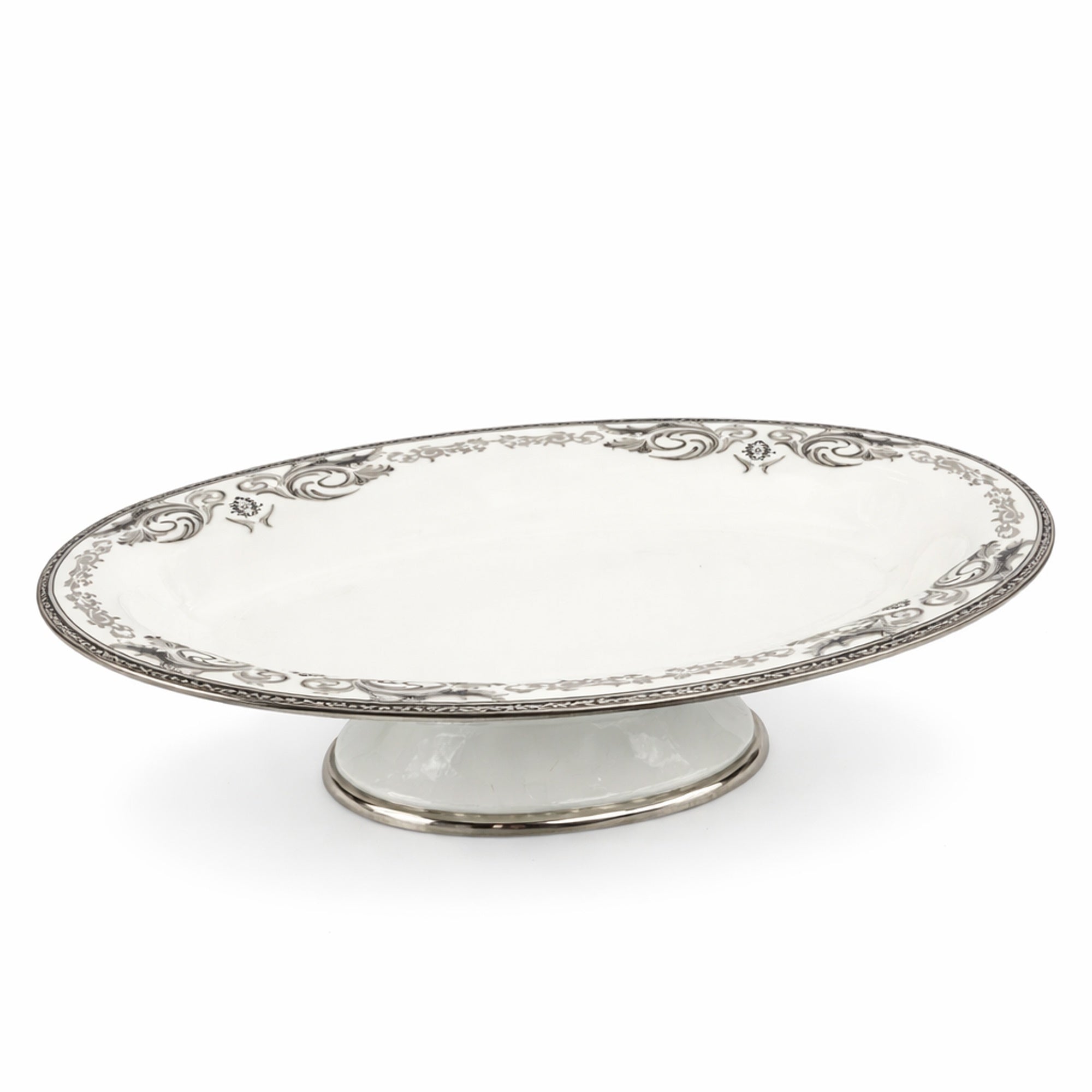 AB-165 Ceramic Oval Bowl with Stand – 38 × 23 cm – White with Silver ...