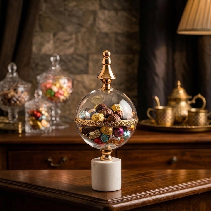 Glass Candy Bowl With Lid 13x30 CM Gold Marble Base | Siddiq Gifts
