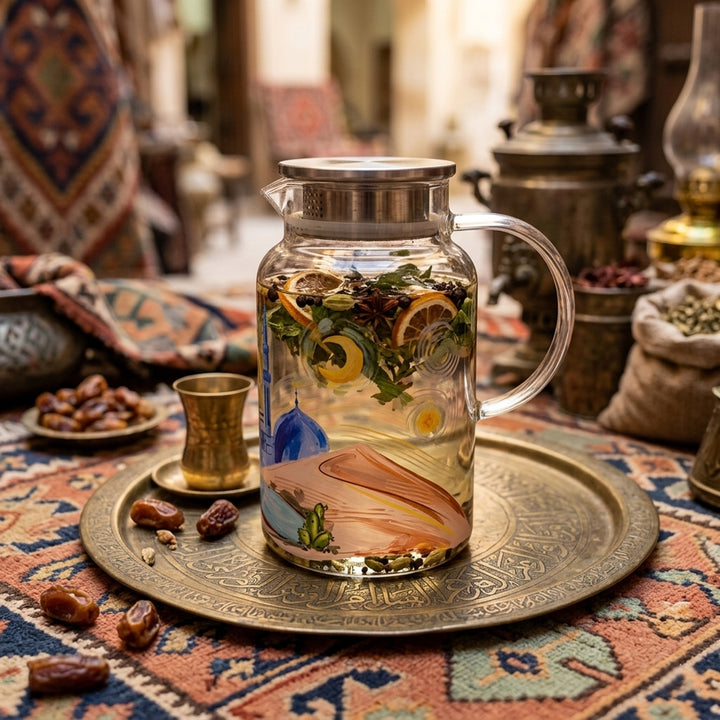 Glass Water Pitcher 1.5L Artistic Arabic Landscape Design with Steel ...