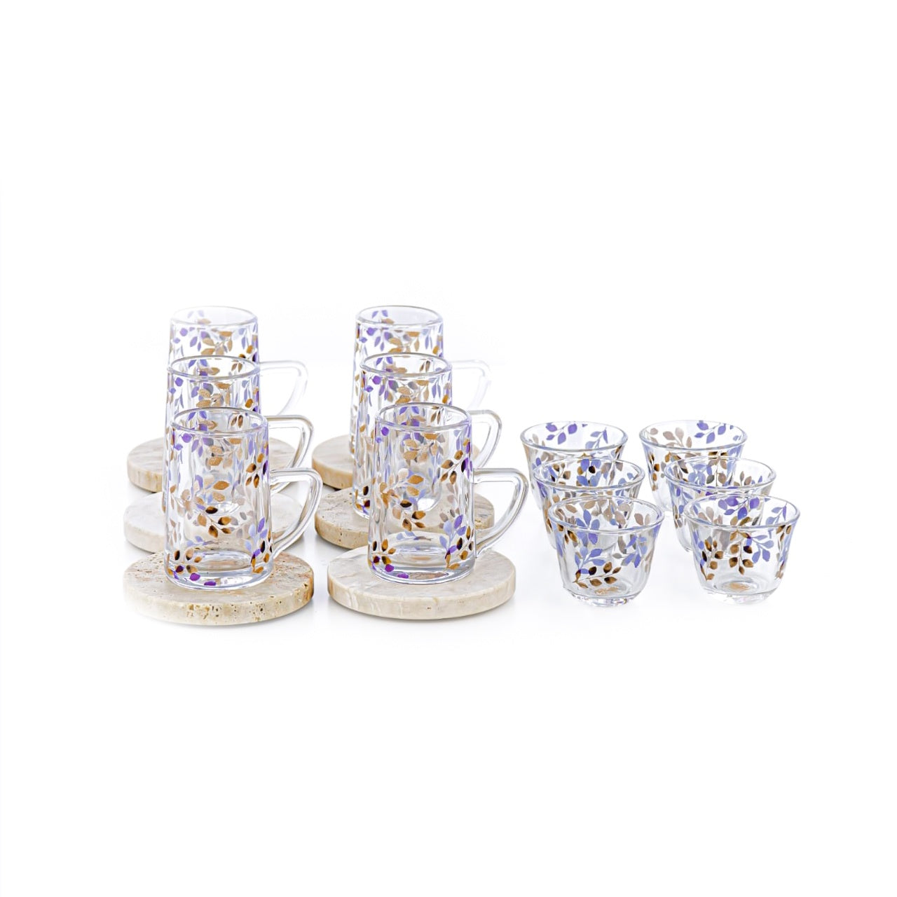 GLS2630107 Glass Tea & Cawa Cup Set – 18 Pieces Floral Leaf Design with ...