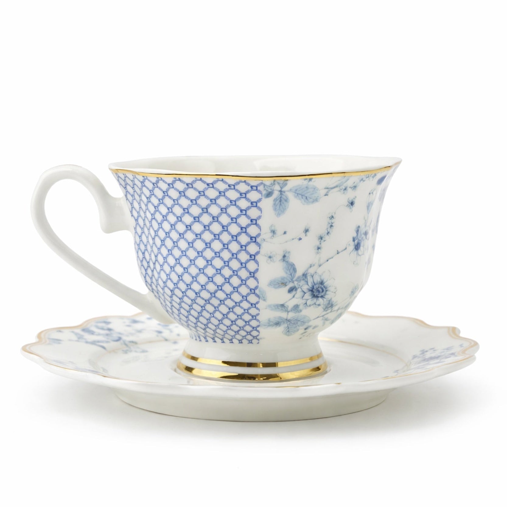 GP-126 Ceramic Tea Cup Set – 12 Pieces – Blue Floral & Geometric Design ...