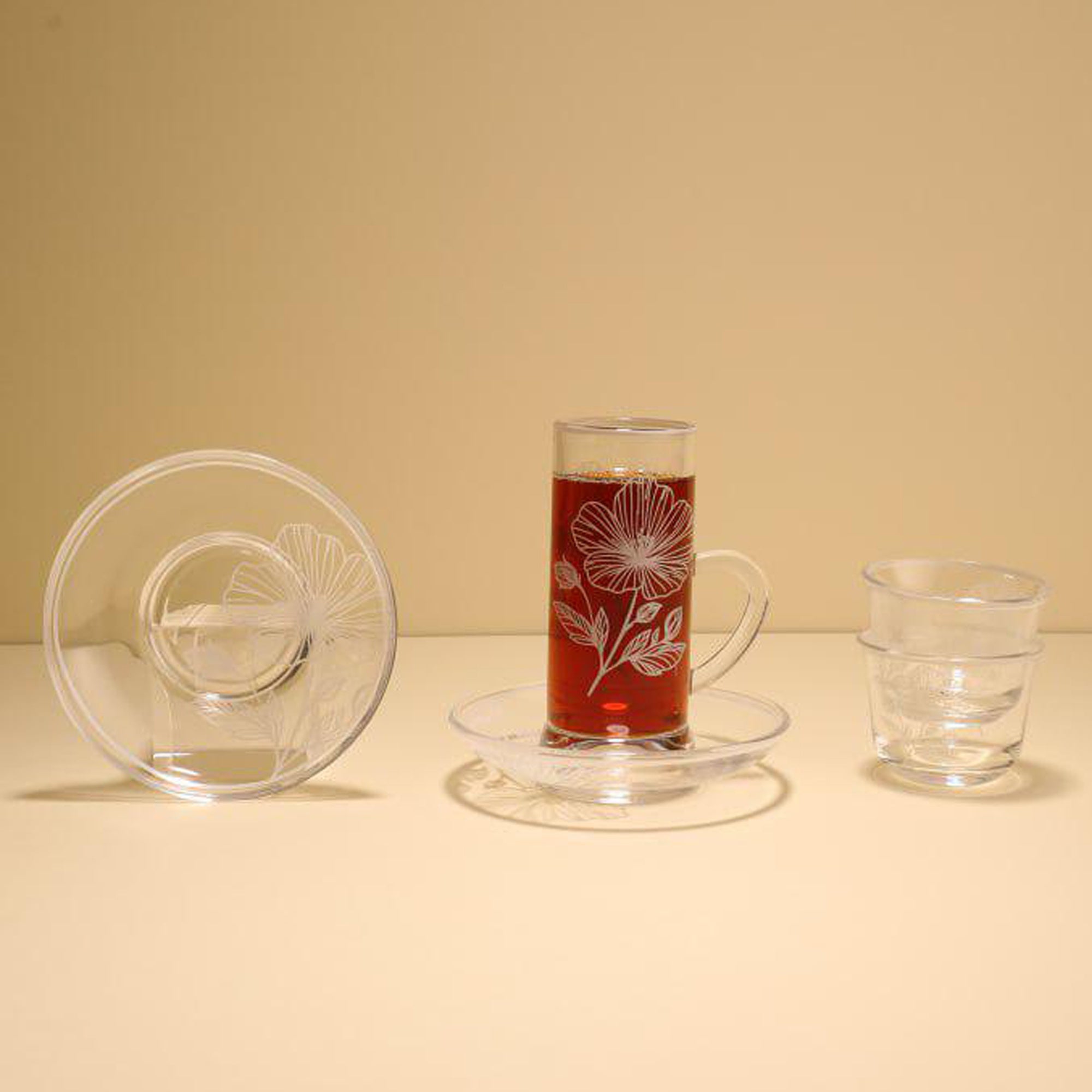 GT1176 Tea & Cawa Cup Set – 18 Pieces – Clear Glass with White Floral ...