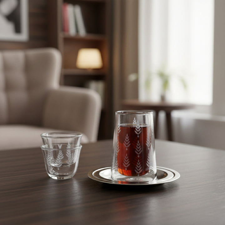 MA1005 Meera Glass Tea & Cawa Cup Set – 18 Pieces Leaf Motif with ...