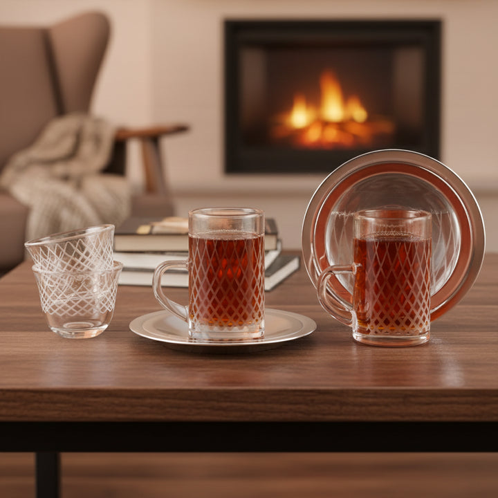 MA1009 Meera Glass Tea & Cawa Cup Set – 18 Pieces Diamond Lattice Cups ...
