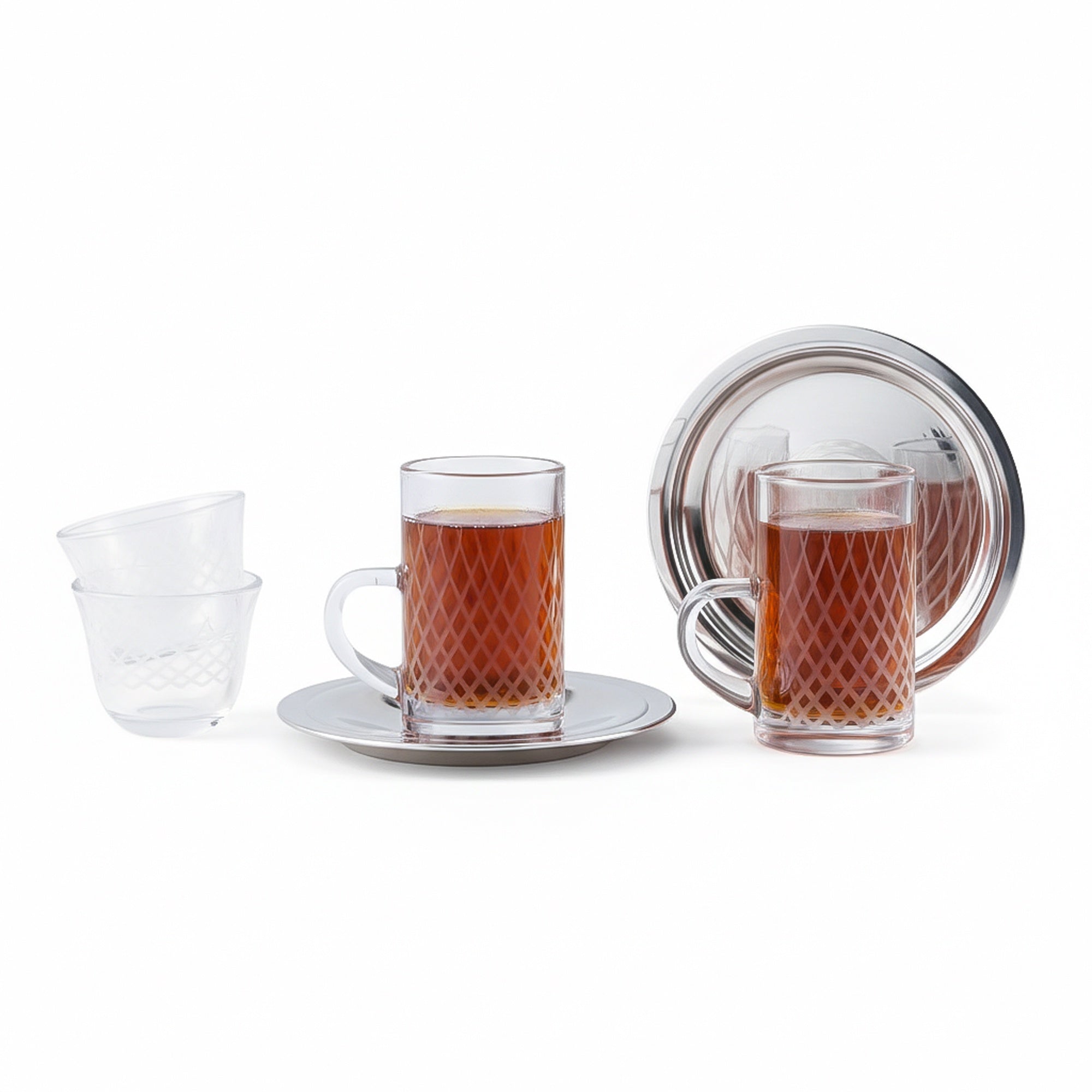 MA1009 Meera Glass Tea & Cawa Cup Set – 18 Pieces Diamond Lattice Cups ...
