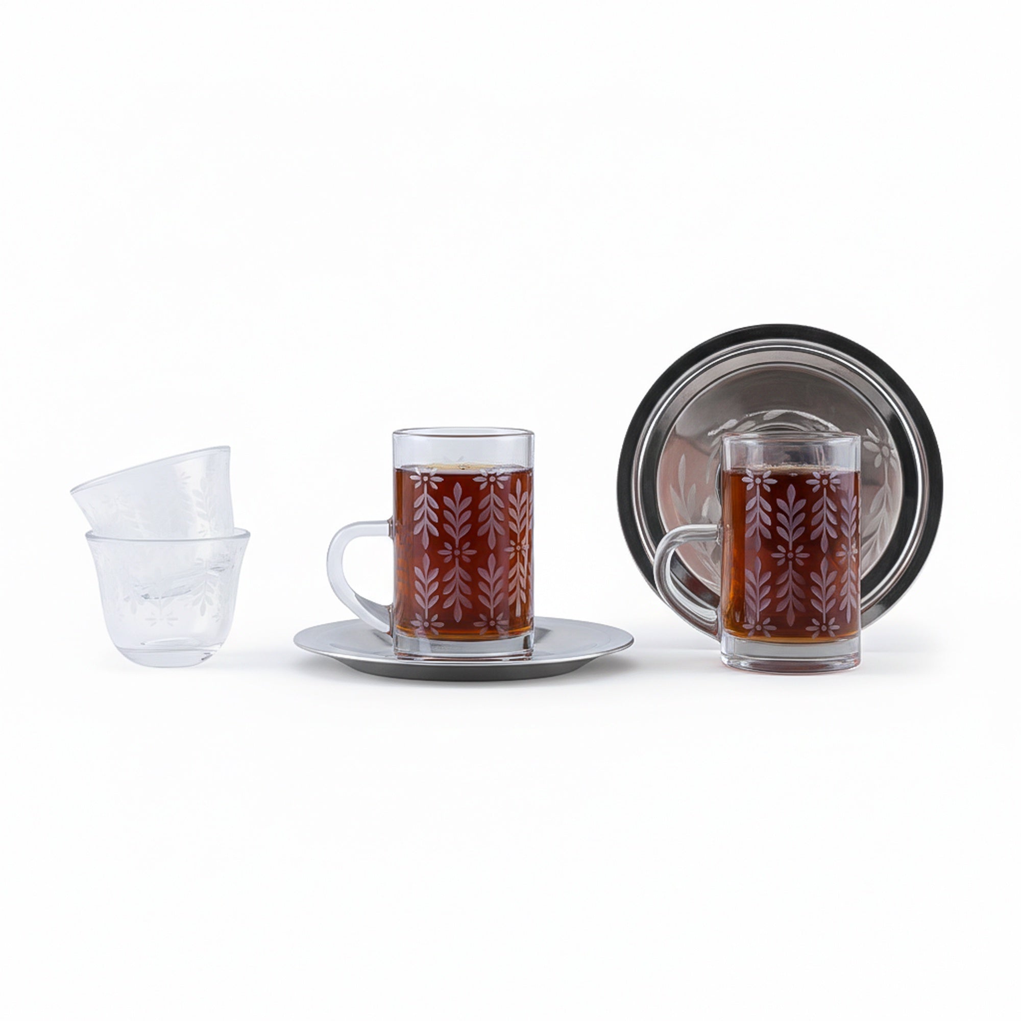 MA1010 Meera Glass Tea & Cawa Cup Set – 18 Pieces Floral Leaf Motif ...