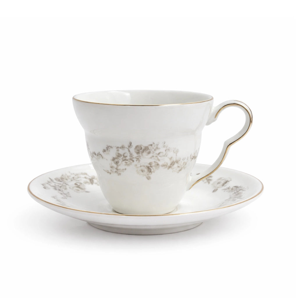 Milk Cup and Saucer Set 12 Pieces Grey Floral Gold Rim | Siddiq Gifts