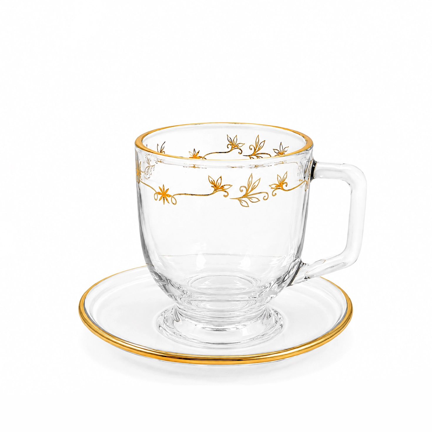 Milk Cup with Saucer Set – 12 Pieces Clear Glass with Gold Floral ...